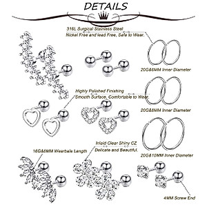 Masedy 10Pairs Stainlesss Steel Cartilage Stud Earrings for Women Helix Tragus Couch Hoop Piercing Earrings Set 10S