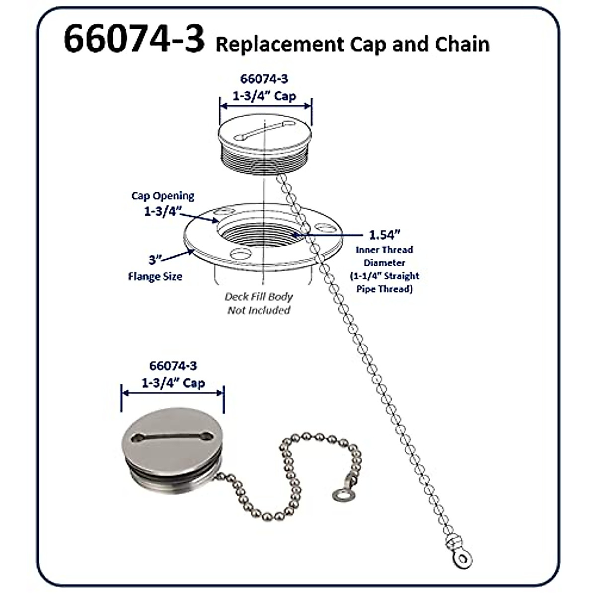 Attwood Attwood 66074-3 Stainless Steel Deck Fill Replacement Cap and Chain fits Attwood Deck Fills with a 3.0” Flange Size