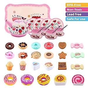 44PCS Tea Set for Little Girls, Princess Tea Time Toys Playset- Teapot Dishes Dessert & Carrying Case, Kitchen Pretend Play Tin Tea Party Set Gifts for Kids Toddlers Toy (Flower Desgin)