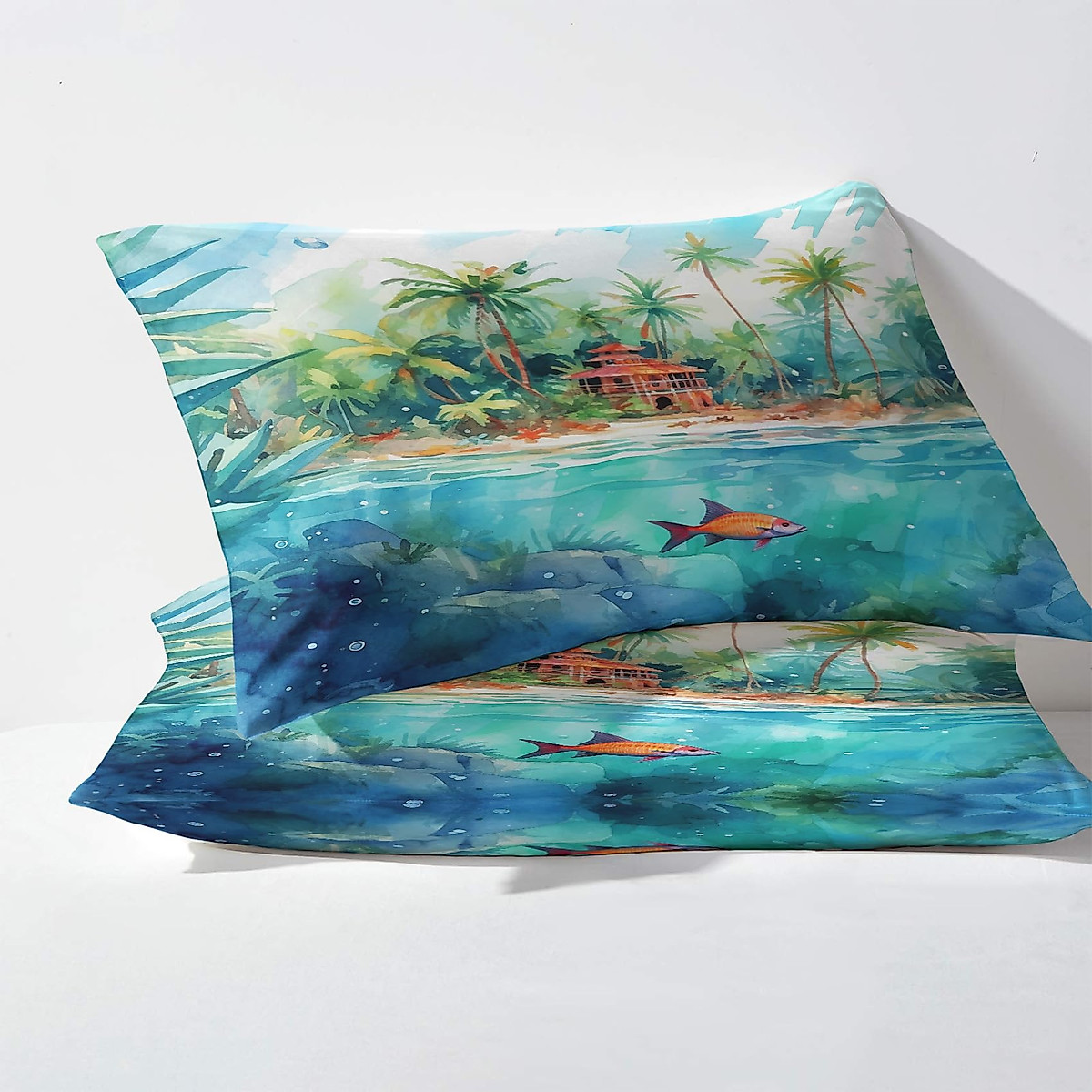 Fish Sheets Full Size, Tropical Landscape Bed Sheets, Patterned Bedding Sheets & Pillowcases 4 Piece Set - Soft Microfiber Deep Pocket Fitted Sheet & Flat Sheet & 2 Pillow Cases M2-&-191