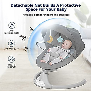 Bioby Baby Swing for Infants with 5 Natural Sway Speeds,Bluetooth Music Baby Bouncer with Remote Control&5-Point Harness, Lightweight Baby Rocker for 5-20 Lb,0-10 Months（Grey）