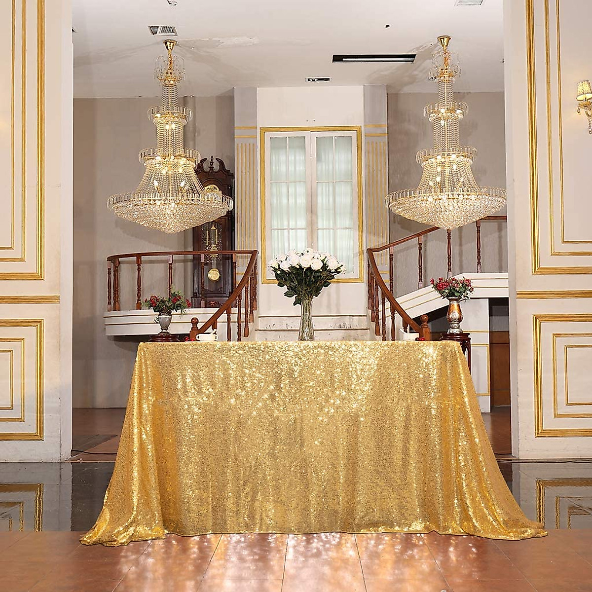 Juya Delight 50" x 80" Bright Gold Rectangle Sequin Tablecloth for Party Dinner Banquet Festival Wedding Anniversary Exhibition Dessert Table
