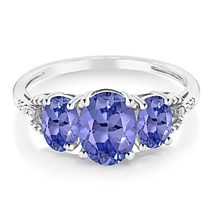 Gem Stone King 2.11 Cttw 10K White Gold Oval Blue Tanzanite and Diamond Accent 3-Stone Engagement Ring | 3 Stone Wedding Anniversary Promise Ring For Women | Available In Size 5-9.5