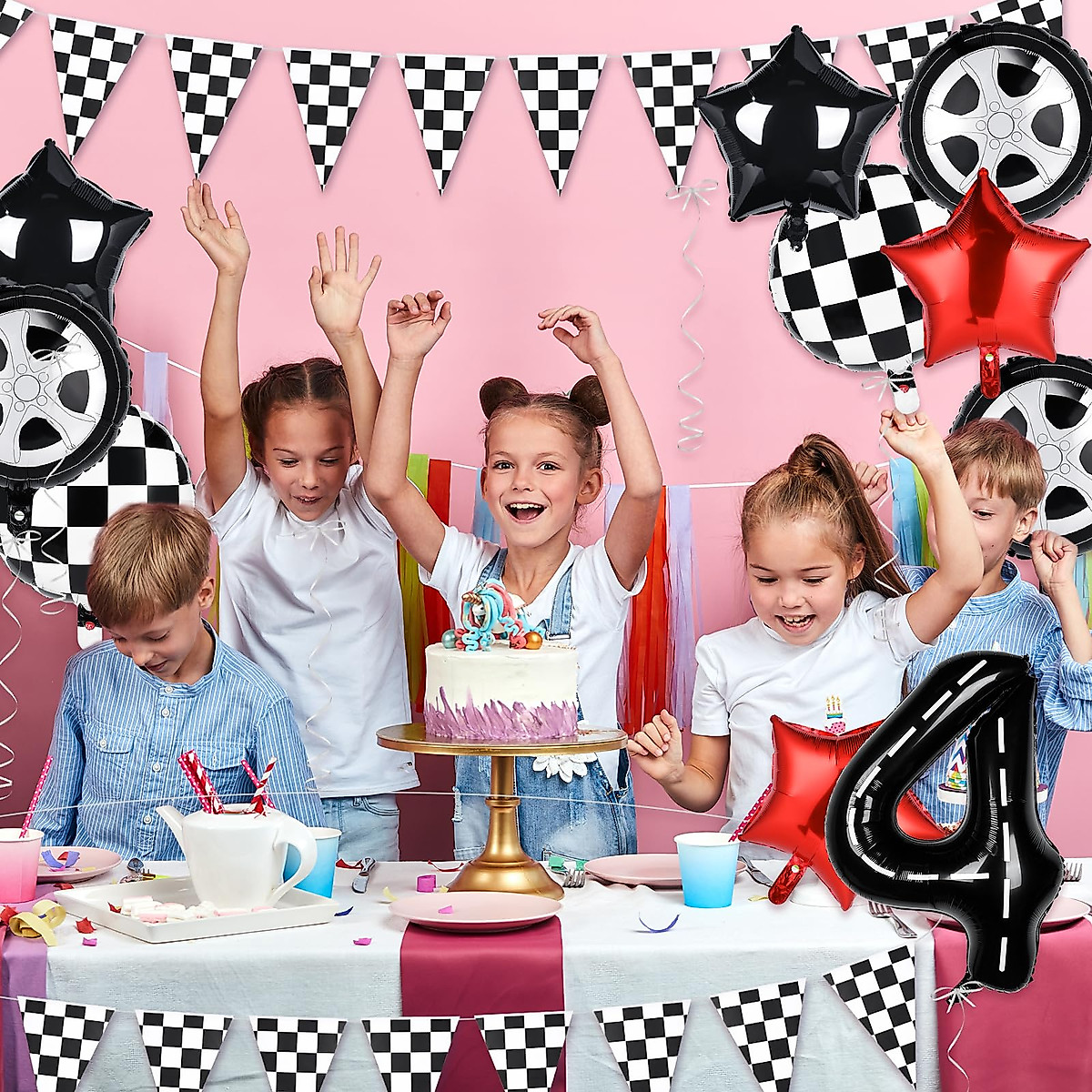 Jspupifip 15 Pcs Number 4 Race Car Birthday Balloons 40 Inch Race Car Checkered Foil Wheel Tire Balloons Racetrack Balloon Checkered Flags 8.2 Ft Banners for Race Car Boy 4st Birthday Party Supplies
