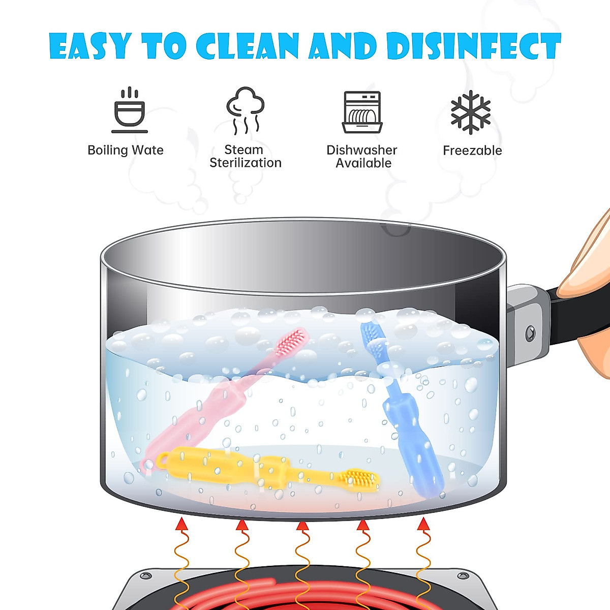 NiBaby 0-6 Months 6-12 Months 3-Pack Silicone Teething Toys for Babies Toothbrush Shape Baby Teether Toys BPA Free Freezable Dishwasher (Pink/Yellow/Blue)