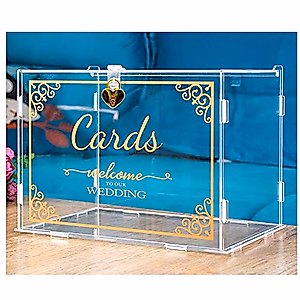 Wedding Card Box With Lock（Acrylic 11×8×8 in），Foldable，Gold Pattern