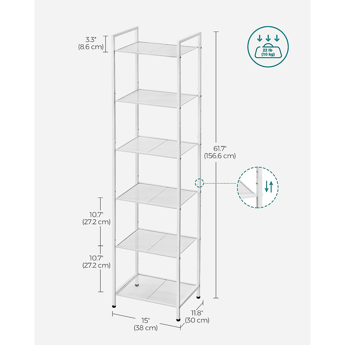 SONGMICS 6-Tier Storage Rack, Bathroom Shelf, Extendable Plant Stand with Adjustable Shelf, for Bathroom, Living Room, Balcony, Kitchen, Classic White UBSC036W01