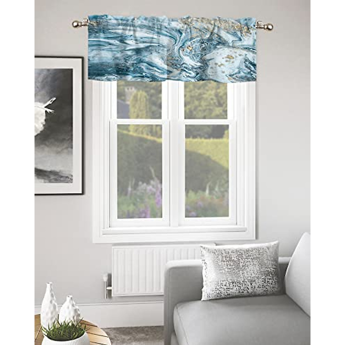 LBHAUSE Art Marble Curtain Valances for Window, Rod Pocket Window Valance Curtain Kitchen Short Curtain for Bedroom Living Room Blue White Gold Liquid Abstract Ocean 60"x18"