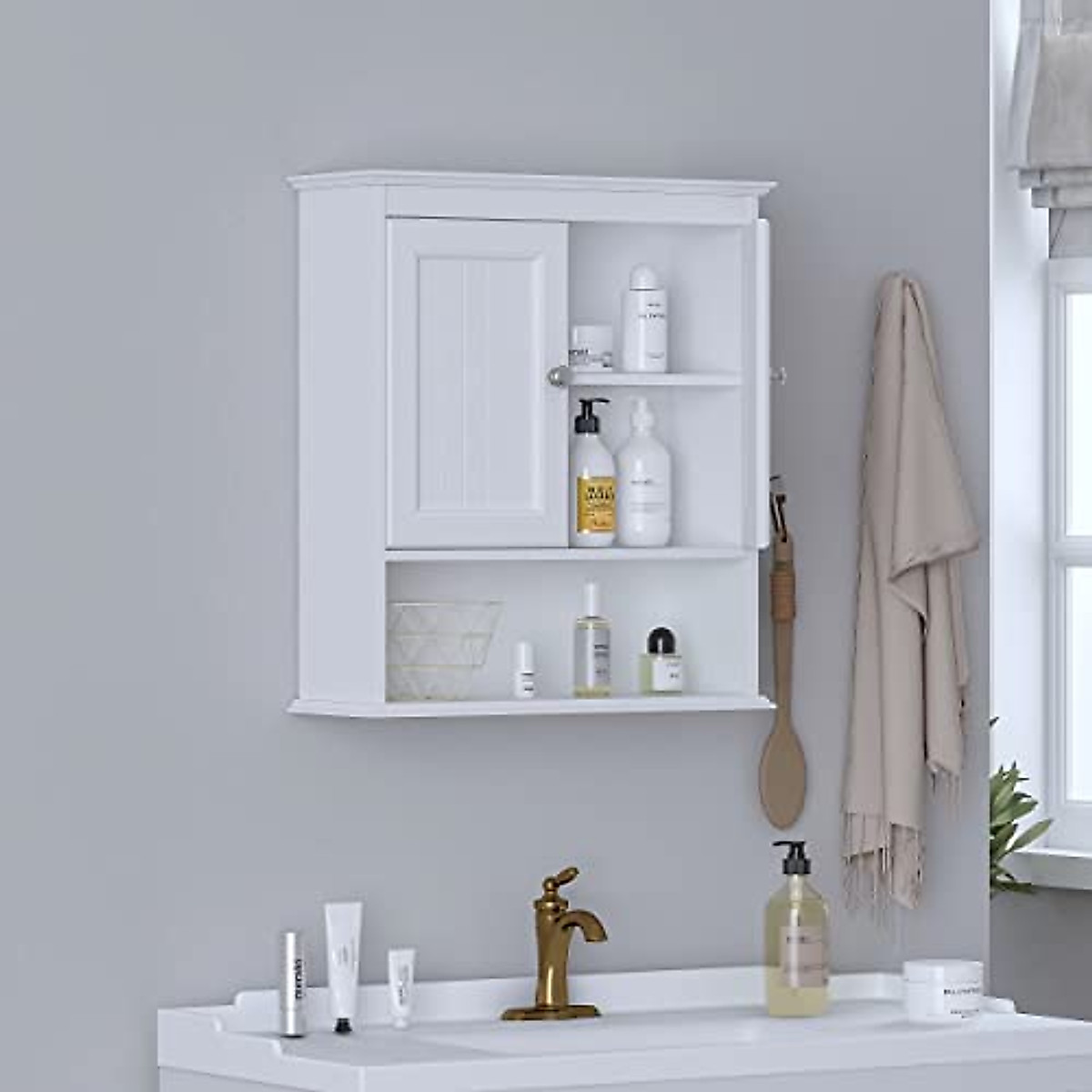 Spirich Home Bathroom Cabinet Wall Mounted with Doors, Wood Hanging Cabinet with Doors and Shelves Over The Toilet, Bathroom Wall Cabinet White