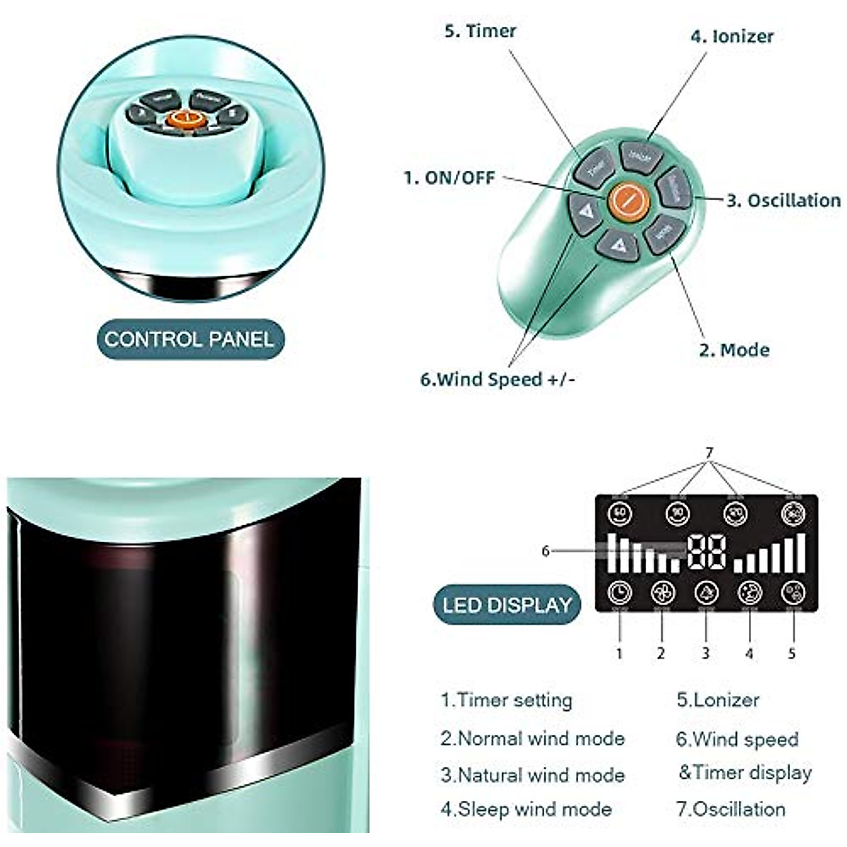 Kismile 47 inch Portable Oscillating Quiet Tower Fan with Remote Control,3 Modes and 8 Wind Speed Setting, Built in 24 H Timer LED Display for Bedroom,Home,Office,Dormitory (47 inch, Green)