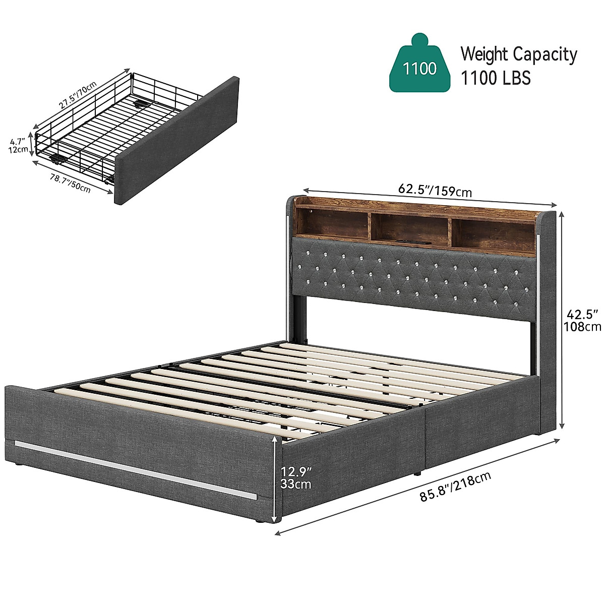 YITAHOME Queen Size Bed Frame w/4 Drawers, Upholstered Bed Frame with LED Lighting, Storage Bed Frame w/Device Charging Hub, Box Spring Not Required, Elegant Gray