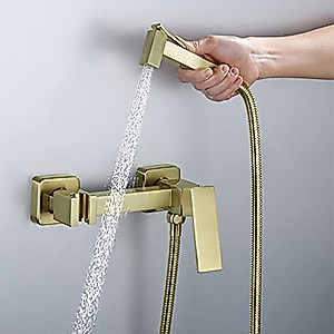MINJING Bidet Spray Brushed Gold, Hot and Cold Water Handheld Toilet Bidet Sprayer, Brass Toilet Sprayer for Personal Hygiene, Wall Mounted Bidet Faucet