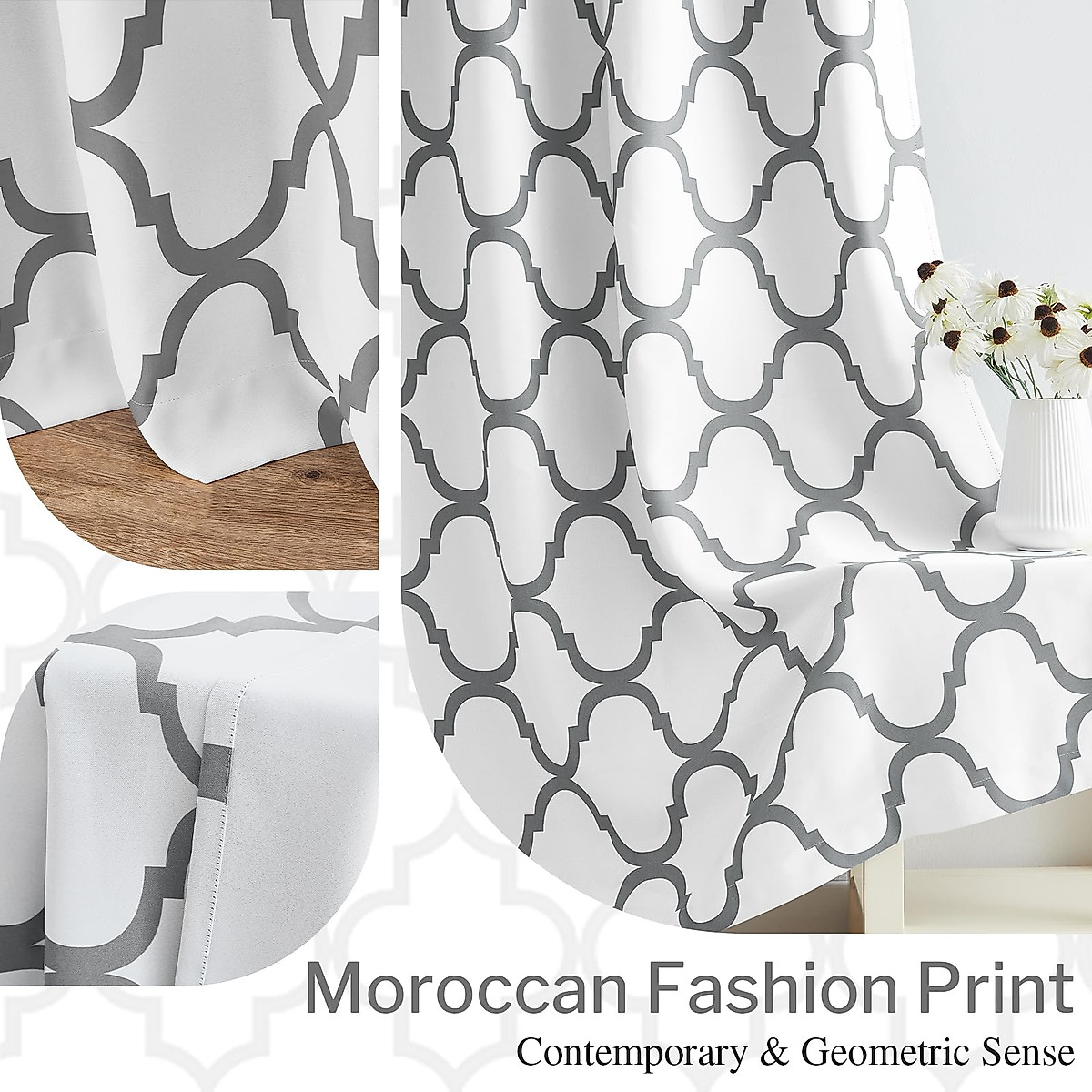 Melodieux Moroccan Fashion Thermal Insulated Room Darkening Blackout Grommet Curtains for Living Room, 42 by 84 Inch, Off White/Grey (2 Panels)