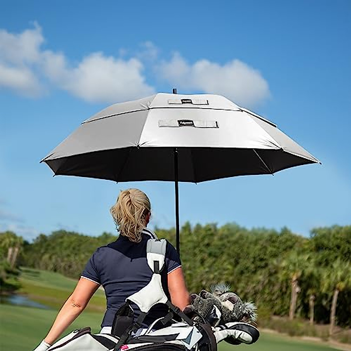 Fulynmen 62Inch UPF50+ Uv Umbrella Uv Blocker Large Golf Umbrella, Auto Open Extra Large Sun Umbrella Uv Protection Double Canopy Vented Windproof Waterproof Rain Umbrella Silver/Black