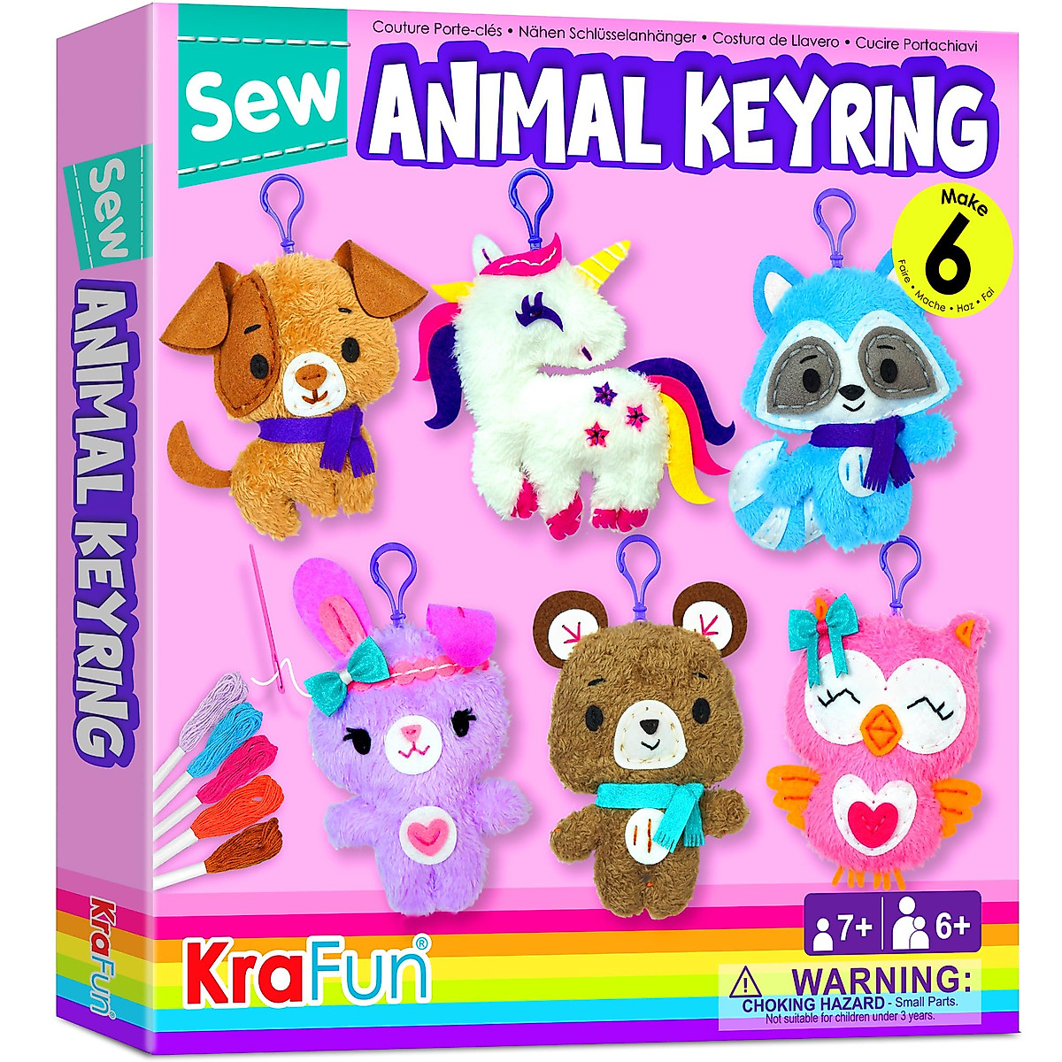 KRAFUN Unicorn Sewing Keyring Kit for Kids Age 7 8 9 10 11 12 Learn Art & Craft, Includes 6 Stuffed Animal Bear, Dog, Rabbit, Raccoon, Owl Dolls, Instruction & Felt Materials