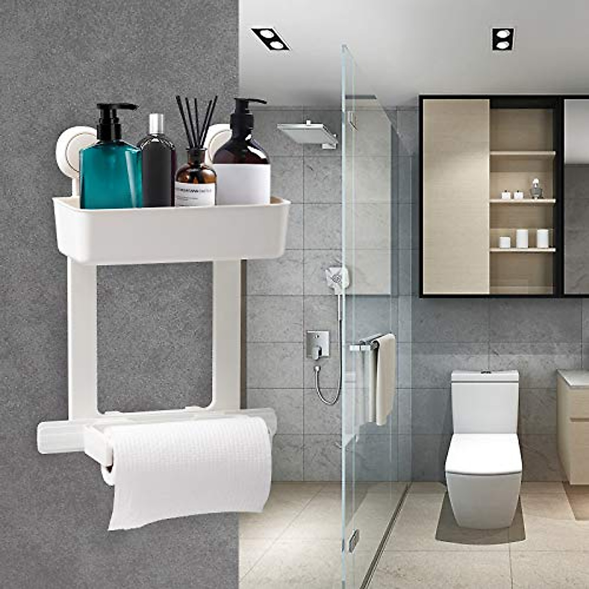 LEVERLOC Suction Shower Caddy With Paper Towel Holder, Bathroom Shower Basket Wall Mounted Shower Organizer for Shampoo, Facial Cleanser, Hand Sanitizer, Shower Rack for Kitchen & Bathroom, Drill-Free