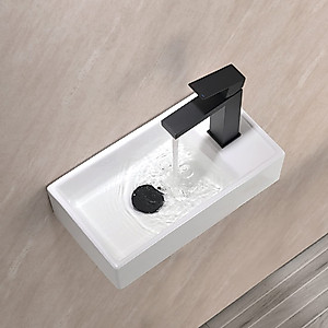 Wall Hung Basin Sink Small Cloakroom Basin Sink, Wall Mount Rectangle Ceramic Wash Basin Small Right Hand Vessl Bain Sink Set With Faucet&Drain For Bathroom