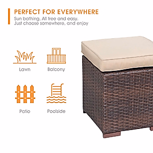 Patiorama 2 Pieces Assembled Outdoor Patio Ottoman, Indoor Outdoor All-Weather Dark Brown Wicker Rattan Outdoor Footstool Footrest Seat with Beige Cushions, No Assembly Required