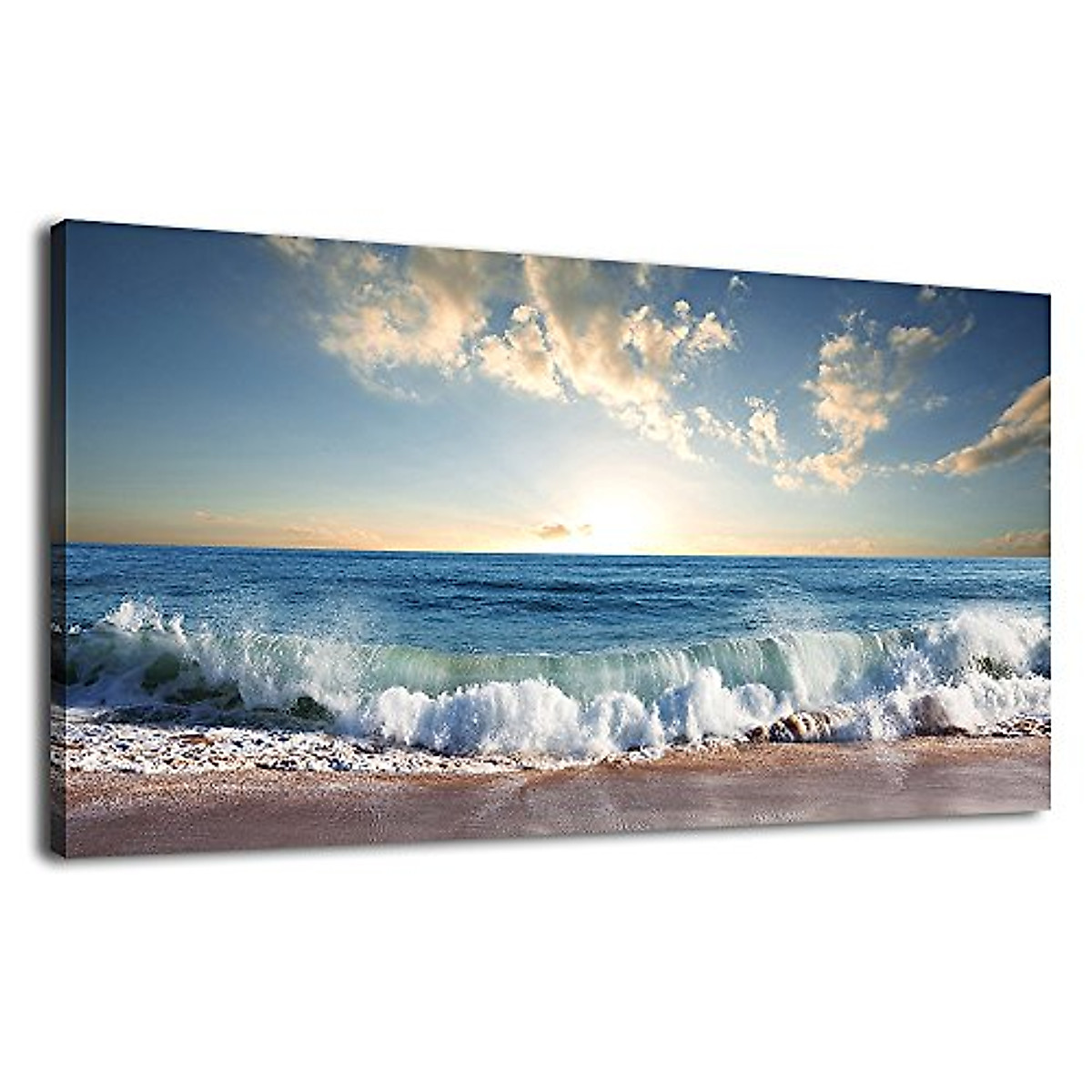 Ocean Canvas Wall Art Beach Sunset Waves Coast Nature Pictures Modern Artwork Blue Ocean Contemporary Canvas Art Giclee Prints Summer Season Painting Framed Ready to Hang for Home Decoration 20" x 40"