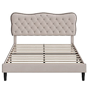 HOSTACK Full Size Bed Frame, Linen Fabric Upholstered Platform with Adjustable Headboard, Diamond Tufted Mattress Foundation with Wood Slats, Easy Assembly, No Box Spring Needed, Beige