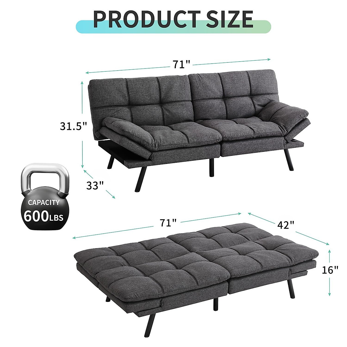 MUUEGM Memory Foam Futon Sofa Bed, Futon with Adjustable Backrests Armrests and Convertible, Modern Design Futon Couch for Living Room, Apartment, Office, Small Room, 71" Daybed Dark Gray