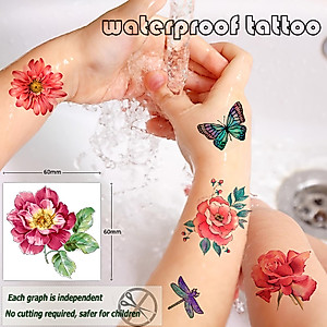Tazimi 40 Sheets Flower Temporary Tattoos for Girl Kids -Rose Peony Lavender Butterfly Dragonfly Hydrangea Flower Collection Face Arm Body Tattoo Sticker Watercolor Flower Tattoos for Child Birthday Party Favors Supplies Gifts Decorations