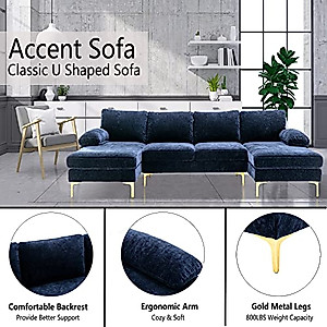 RXRRXY Accent U Shaped Sectional Sofa Couch Set with Two Pillows, Double Addition Wide Chaise Lounge Couch with Metal Legs for Living Room and Apartment (Navy)