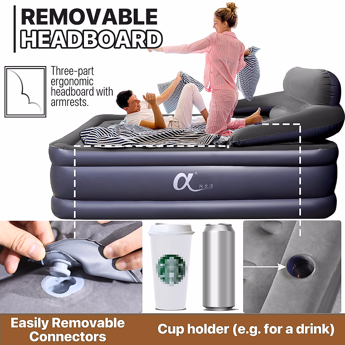 A-ER-FA Queen Air Mattress with Headboard and Cup Holder, Comfort Blow Up Mattress, Inflatable Mattress for Guests and Home, Colchon Inflable, Air Bed