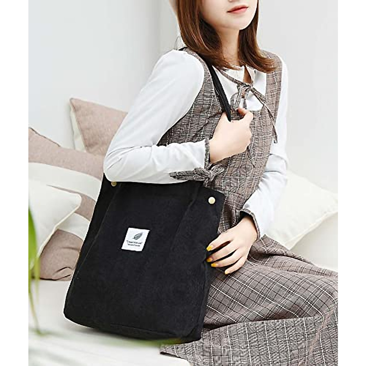 ALUWU Corduroy Tote Bag for Women Girl Casual Work Canvas Shoulder Handbags Cute Purse Black
