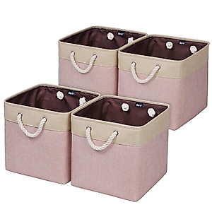 Univivi Cube Storage Bin, Cubby Storage Basket with Sturdy Cotton Carry Handles for Shelf Closet Home Office Organizing [4-Pack,13'',Pink]