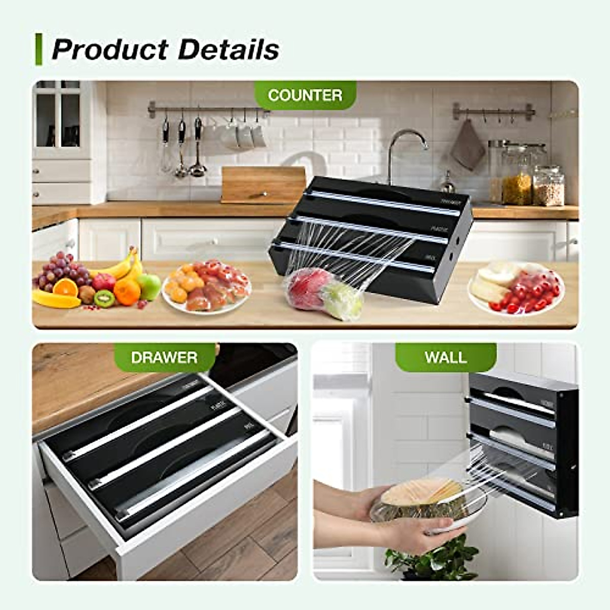 3 in 1 Acrylic Plastic Wrap Dispenser with Slide Cutter and Holder, Saran Wrap, Aluminum Foil and Parchment Paper Organizer Holder for Kitchen Drawer, Fits 12" Roll, Black