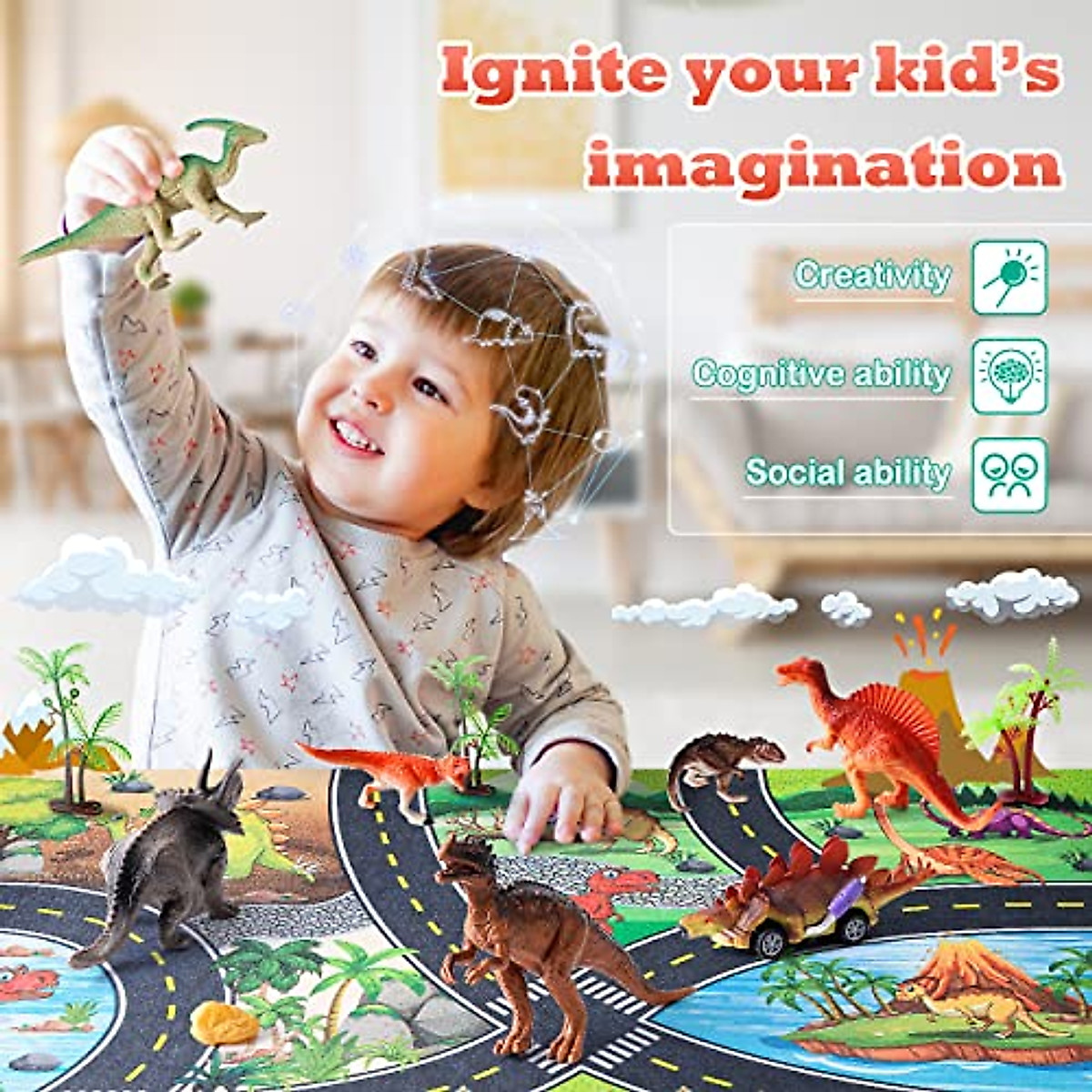 Kiddiworld Dinosaur Toys for 3 4 5 Year Old Boys Gifts, Dinosaurs Toys for Kids 3-5-7, Dino Figures Activity Play Mat Christmas Birthday Gifts for Girls Toddler Toys Age 2-4