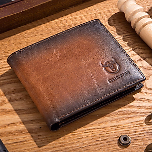BULLCAPTAIN Wallets for Men with Double Zip Coin Purse Bifold Vintage Genuine Leather Slim Front Pocket Wallet Money Clip QB-5#3(Brown)