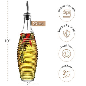 MosJos Oil and Vinegar Dispenser - Large 20 oz Ribbed Glass Olive Oil & Vinegar Dispenser Set - Non-Drip, BPA-Free, Dishwasher Friendly Bottles with Stainless Steel Spouts