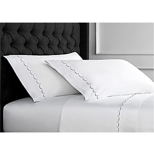 Mélange Home 600 Thread Count Sateen Cotton Scallop Embroidered Duvet Cover Set Gray King, Grey on White (244133)