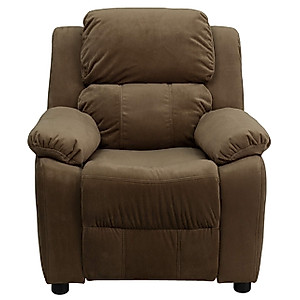 Flash Furniture Charlie Microfiber Kids Recliner with Flip-Up Storage Arms and Safety Recline, Contemporary Reclining Chair for Kids, Supports up to 90 lbs., Brown