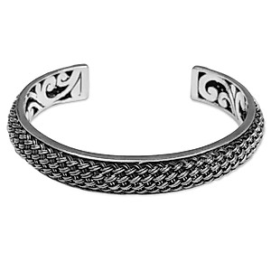 NOVICA Artisan Handmade Sterling Silver Cuff Bracelet Crafted from Indonesia [5.25 in L (end to End) x 0.4 in W] ' Woven Chains'