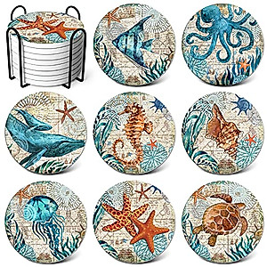 Absorbent Coasters Stone Coaster Set of 8, Cork Base, with Holder, RayPard Beach Theme Sea Life Coastal Coasters for Housewarming Apartment Kitchen Room Bar Decor ,Ocean Life(Black Holder)