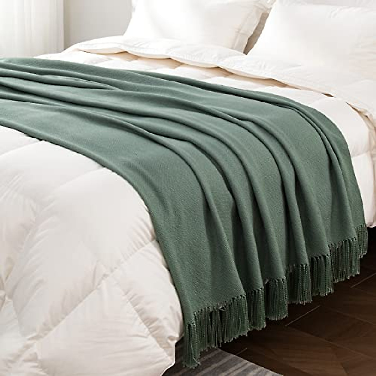 CozeCube Sage Green Throw Blanket for Couch, Boho Throw Blanket with Fringe Tassel, Light Fall Throw Blanket for Bed, Living Room Outdoor, Gift, Sage Green, 50"x60"