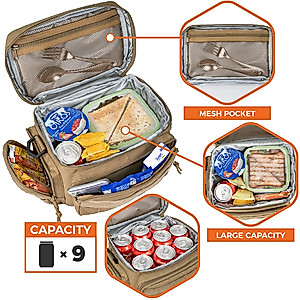 opux Tactical Lunch Box for Men, Insulated Lunch Bag for Men Adult, Large Soft Lunch Cooler with MOLLE Mesh Side Pockets, Heavy Duty Mens Tactical Lunchbox Pail for Work Meal Prep (Tan)