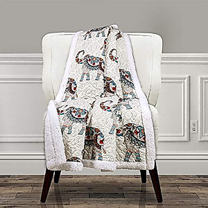 Lush Decor Hati Elephant Throw | Fuzzy Reversible Bohemian Sherpa Blanket - 60” x 50”, Navy and Turquoise