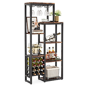 Tribesigns Wine Rack Freestanding Floor, 5-Tier Wine Baker Rack with Glass Holder & Wine Storage, Industrial Wine Display Shelf Wine Bar Cabinet for Bar, Kitchen, Dining Room, Rustic Brown