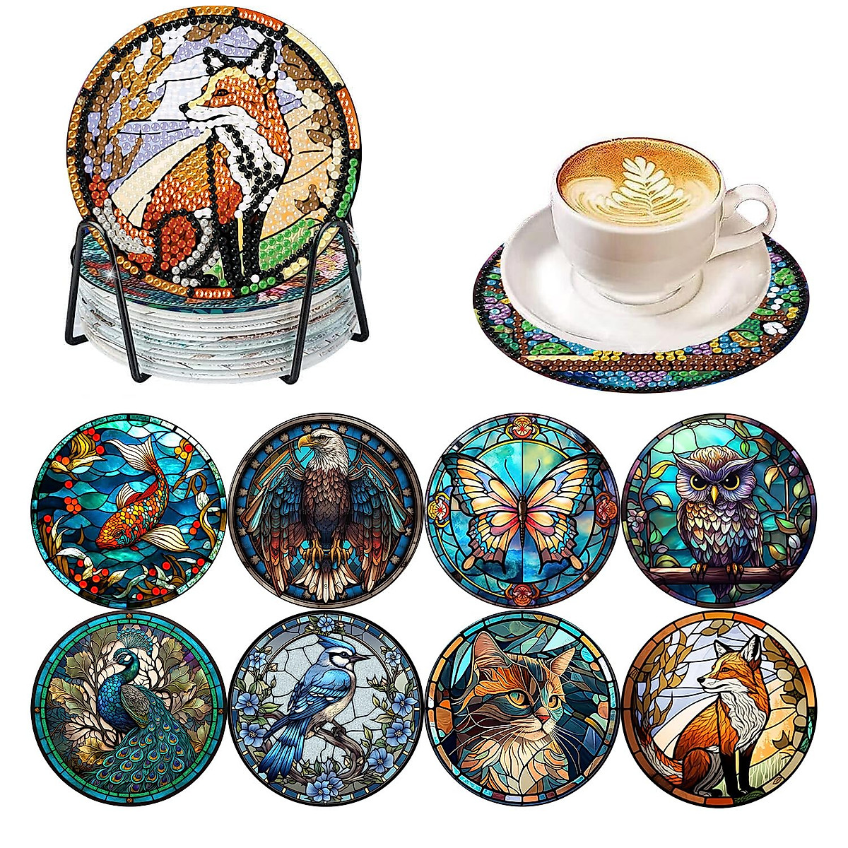 mrpwnle 8 Pieces Diamond Painting Coasters Kit with Holder, DIY Diamond Art Coasters Crafts Projects, Diamond Dot Kits for Adults and Beginners Supplies for Christmas Gift (Animal Style)