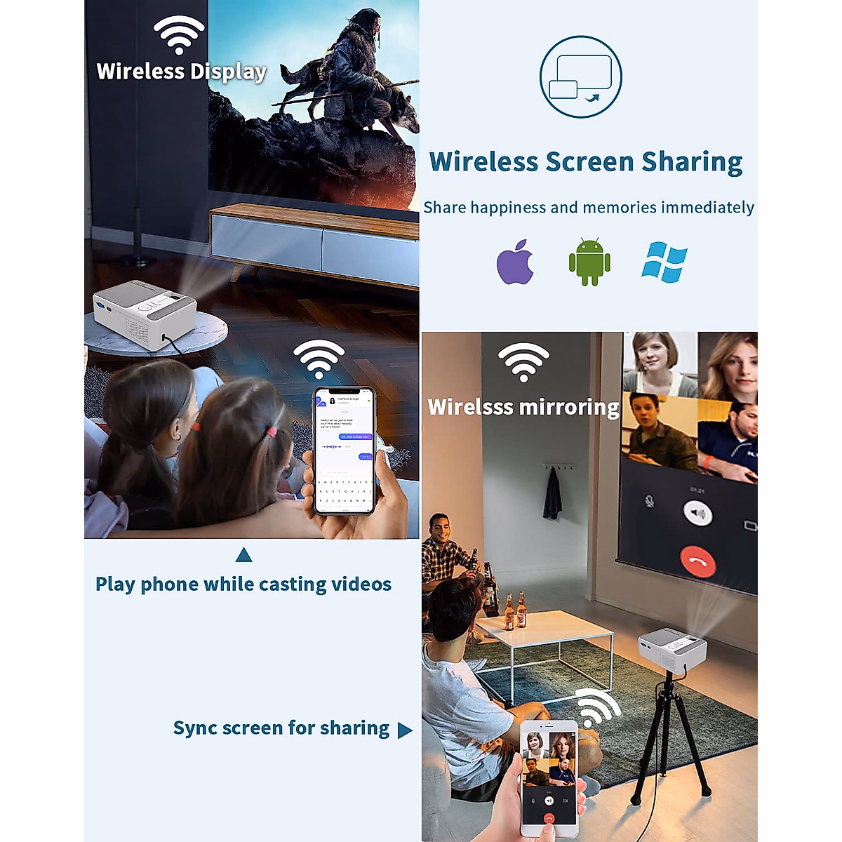 Mini 1080p Projector with WiFi and Bluetooth Outdoor, Portable Home Theater Full HD Bedroom Projector Wireless Sync for iPhone/Android, TV Projectors with Apps Netflix Android OS, HDMI AV USB Port