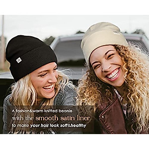 YANIBEST Womens Satin Lined Knit Beanie Hat Acrylic Winter Hats for Women Men Silk Lining Soft Slouchy Warm Cuffed Beanie Hat