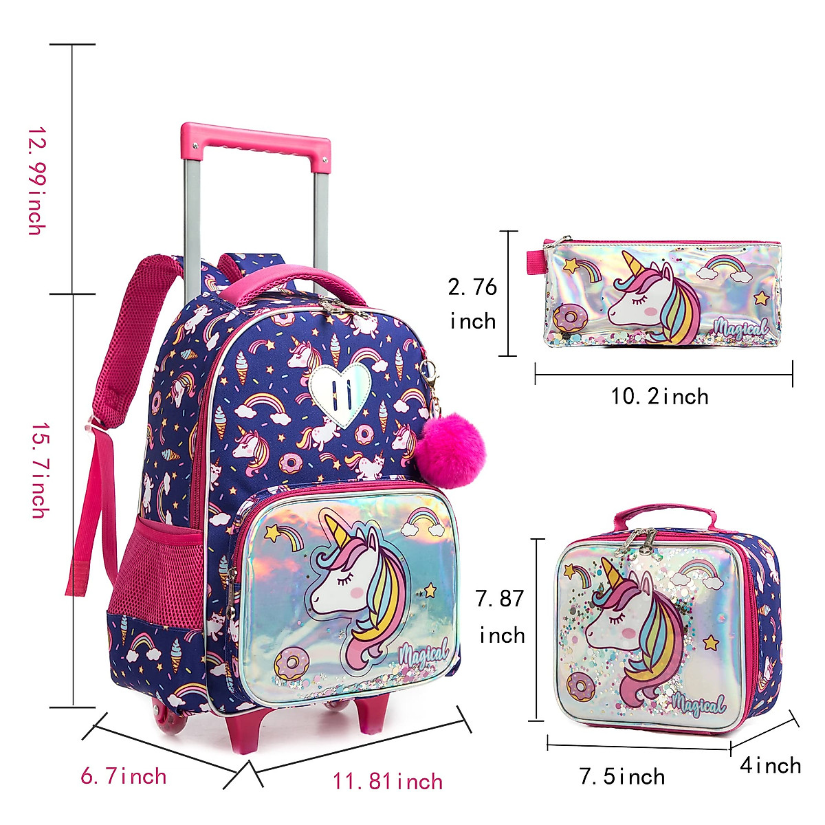 MOHCO Rolling Backpack for Kids Wheeled Backpack for Girls with Lunch Bag Pencil Case