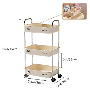 3 Tier Rolling Utility Cart, Heavy Duty Storage Carts with Plastic Storage Basket & Lockable Wheels, Mobile Shelving Unit Organizer Trolley for Bathroom Laundry Bedroom Office Kitchen