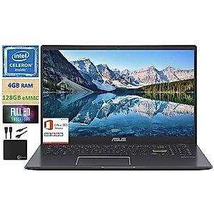 2021 Flagship ASUS Laptop 15.6" Thin Light Laptop Computer, 15.6" FHD Display, Intel Celeron N4020 (up to 2.8GHz),4GB RAM, 128GB eMMC,Webcam,WiFi, Backlit Keyboard，Microsoft 365,Win10 S+Marxsol Cables
