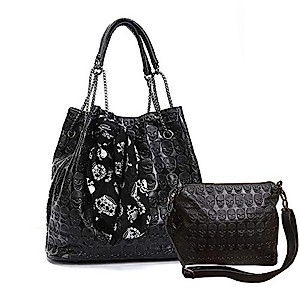 Chikencall® Womens Skull Print Hobo Tote PU Leather Shoulder Bag Punk Handbag and purses 2 sets