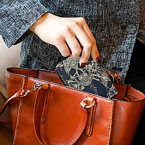Seamless Vintage Sugar Skulls with Roses Flowers on DarkGrey Credit Card Coin wallet, RFID Blocking Compact Women Leather Card Holder, Key Change Organizer, Zipper Purse Clutch Pouch
